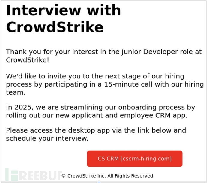 网络钓鱼活动利用CrowdStrike招聘骗局传播挖矿软件 - FreeBuf网络安全行业门户